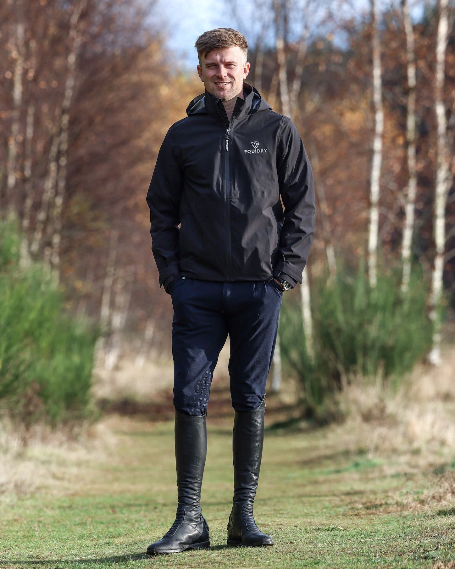 EQUIDRY Nimbus Waterproof Pack-Away | Mens Black Horse Riding Jacket